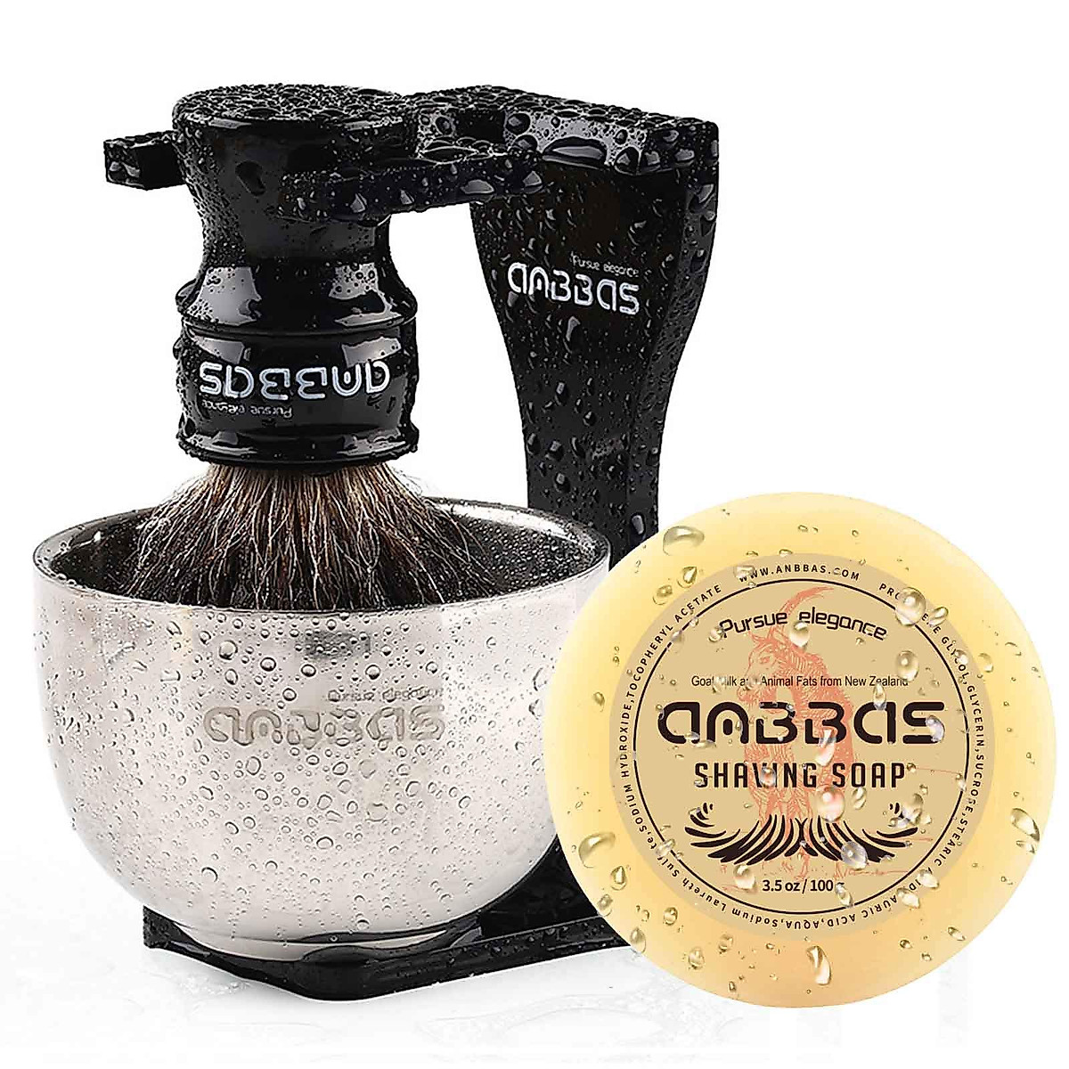 Shaving Set, 4in1 Anbbas Pure Black Badger Shaving Brush with Long Resin Handle and Acrylic Thicken Shaving Stand,Soap Bowl Stainless Steel and Goat Milk Shaving Soap 100g Men Gift Kit