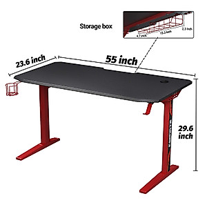 Foxemart Gaming Desk 55 inch PC Gaming Desk, Game Computer Desk Workstation, T-Shaped Professional Gaming Desk, Home Office Computer Table with Cup Holder & Headphone Hook