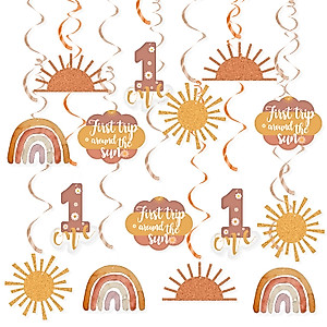 K KUMEED First Trip Around The Sun Birthday Decorations, 20pcs Boho Sun 1st Birthday Ceiling Hanging Swirls, Boho You are My Sunshine Birthday Party Decorations for 1st Birthday Girl, Boy