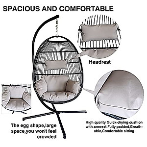 PRIVATE GARDEN Large Hanging Egg Chair with Stand Outdoor Patio Folding Egg Chair Indoor Swing Egg Chair with Light Grey Waterproof Cushion Heavy Duty C-Stand 330LBS Capacity