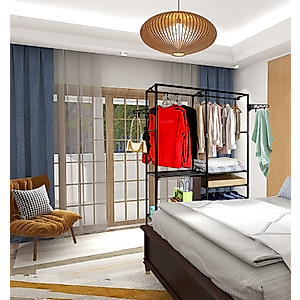 Clewiltess Garment Freestanding Clothes Organizer Closet, Metal Hanging Storage Organizer Rack Wardrobe with Shelves& Hanging Rods,Clothes Hanger Organizer (Black)