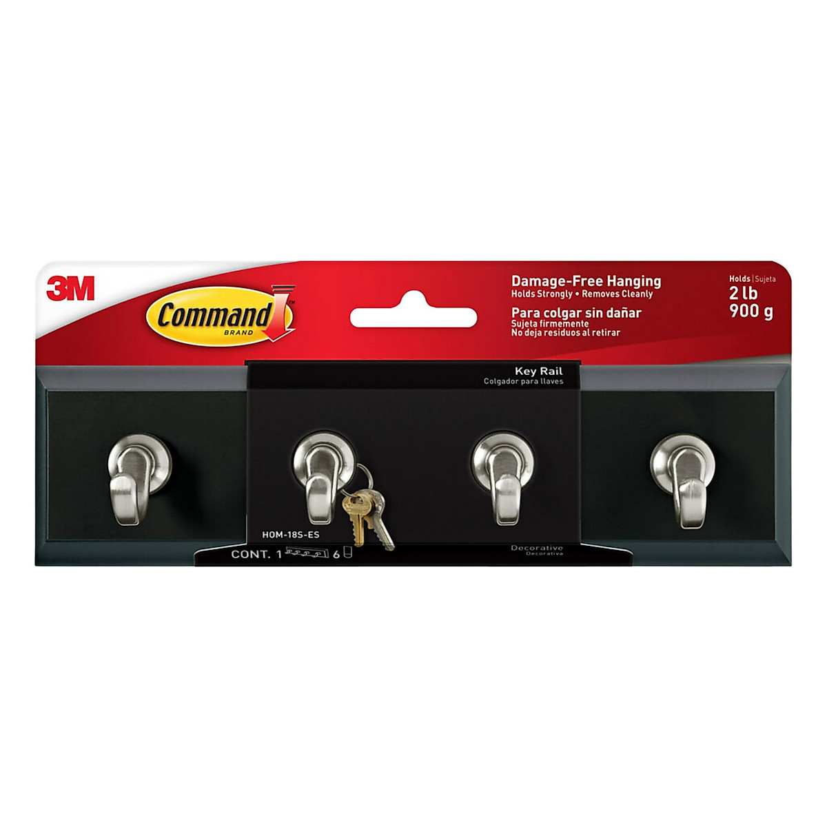 Command Key Rail, Holds up to 2 lb, 8-inch Rail with 4 Key Hooks and 6 Command Strips, Slate, Removable Key Hooks for Entryway or Hallway, Hang Keys, Hats, Dog Leashes, and Accessories