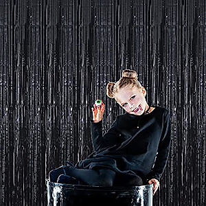 GOER 3.2 ft x 9.8 ft Metallic Tinsel Foil Fringe Curtains Party Photo Backdrop Party Streamers for Halloween,Birthday,Graduation,New Year Eve Decorations Wedding Decor (4 Packs,Black)
