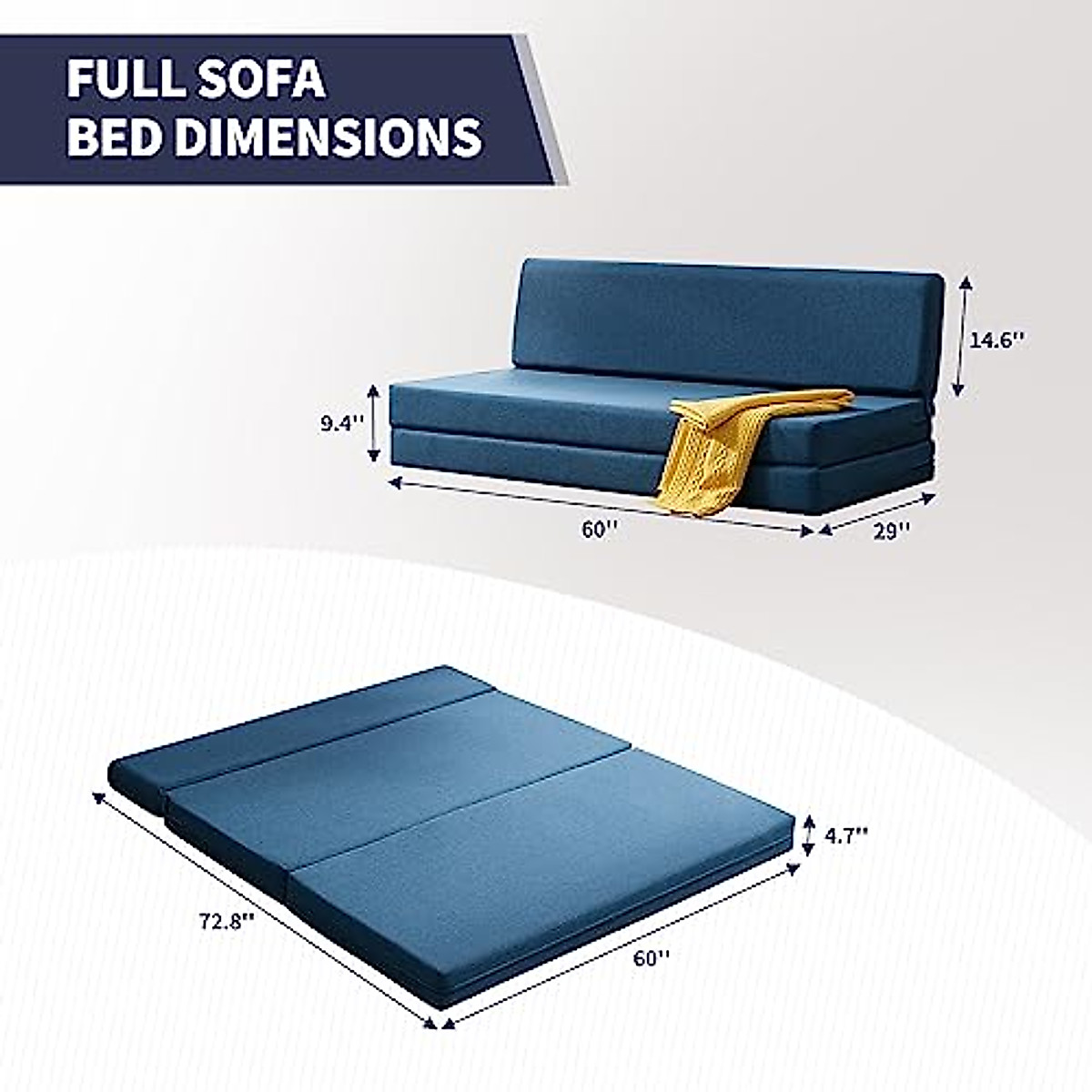 ijuicy Folding Mattress Sofa, Full Convertible Couch Sleeper Bed, 5" Folding Futon Sofa Bed, Floor Chaise Lounge, Portable Couch Bed for Living Room, Bedroom & Guest Room (Full/Dark Blue)
