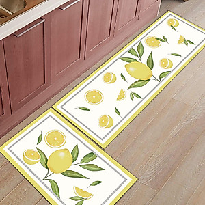 Kitchen Mat 2PCS Summer Yellow Lemon with Green Leaves Yellow Border Kitchen Rugs Kitchen Organization, Anti-Fatigue Kitchen Floor Mats Non-Slip Kitchen Decor Runner Rug Room Decor Standing Desk Mats