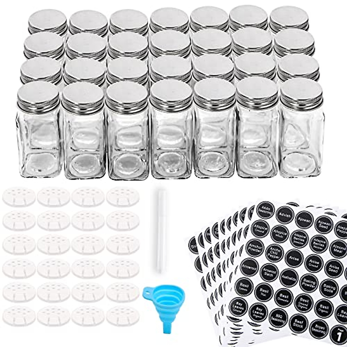 CISILY 28 Spice Jars With 396 Labels, Glass Seasoning Jars with Shaker Lids, Square Spice Bottles, Airtight Empty 4oz Spices Containers Set Organizer, Kitchen Organization & Storage