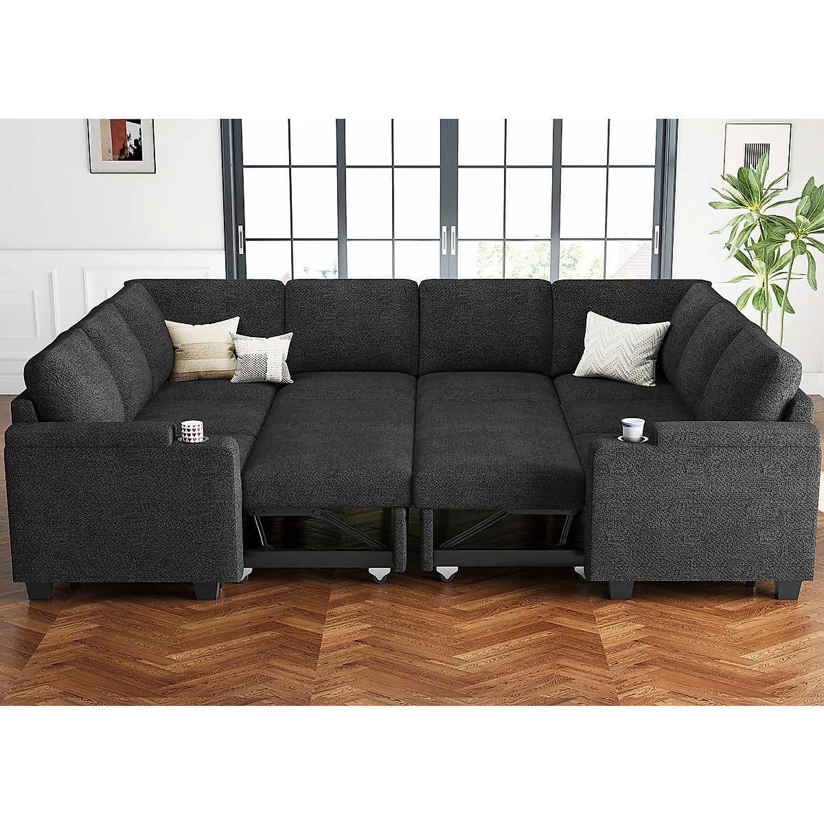 Belffin Sectional Sleeper Sofa Couch with Pullout Bed Modular Sectional Pull Out Couch with Storage. Dark Grey Couch