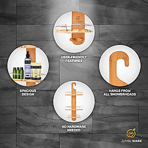 JumblWare Bamboo Shower Caddy. Hanging 3-Tier Bathtub Organizer Rack for Over Shower Head with Toothbrush Holder, Razor Hooks & Shelf with Holes in Bottom for Soap. Spa Gift for Women