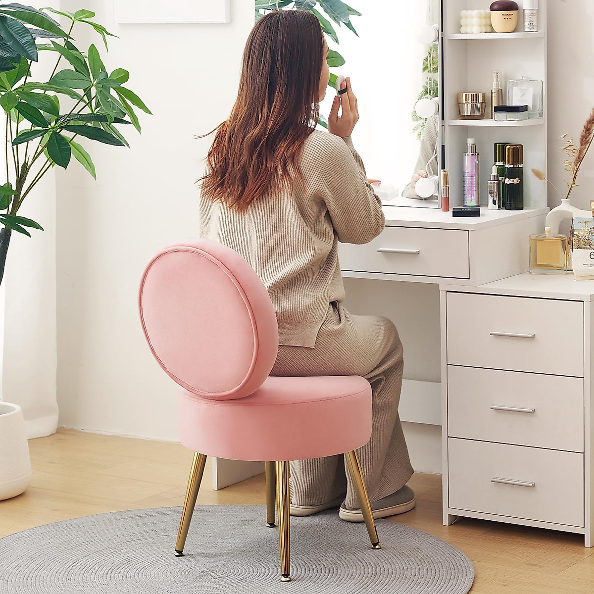 Furniliving Velvet Vanity Stool Vanity Chair with Back Makeup Chair for Vanity with Metal Legs, Mid Century Living Room Chair, Modern Chair for Dressing Room, Bedroom(Pink)