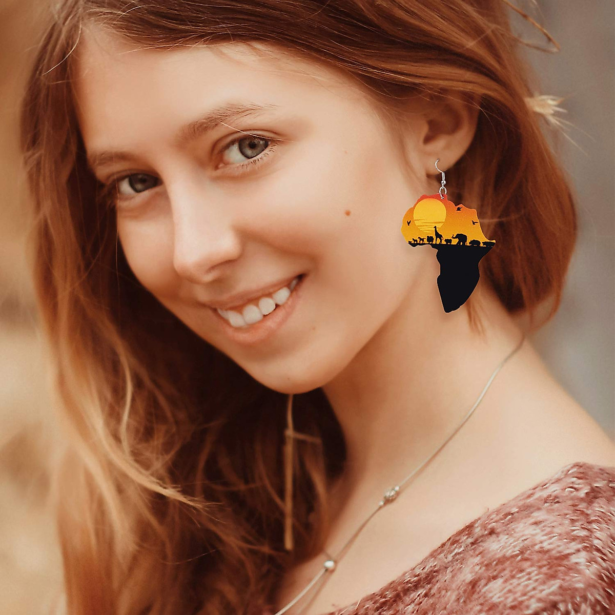 12 Pairs African Map Wooden Earrings African Women Dangle Earrings Natural Ethnic Earrings (Classic Style)