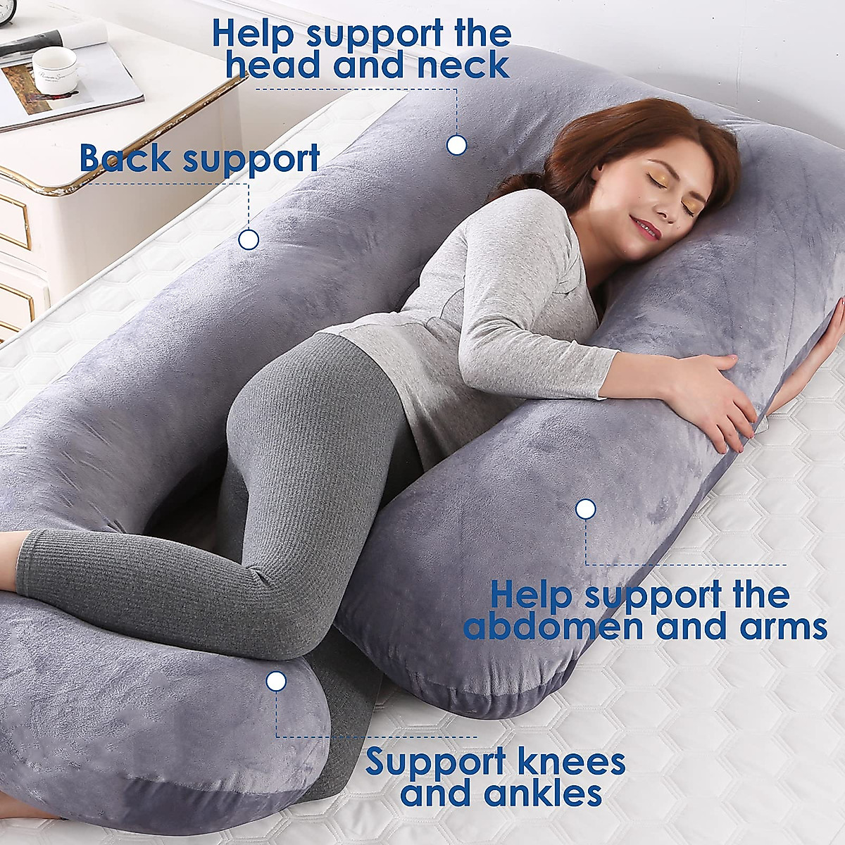 Aidiu u Shaped Pillows Pregnant Body Pillows for Sleeping, Pregnancy Pillows U Shape, Maternity Pillow, Full Body Maternity Pillow,57in, Support Back,Neck,Leg,Foot,Side Sleeper, Washable Cover, Grey