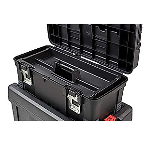 Keter Mobile Hawk Cart and Stackable Tool Box System and Organizer with Telescopic Comfort Grip Handle - Perfect Organization and Storage Chest for Power Drill, Tape Measure, and Small Parts