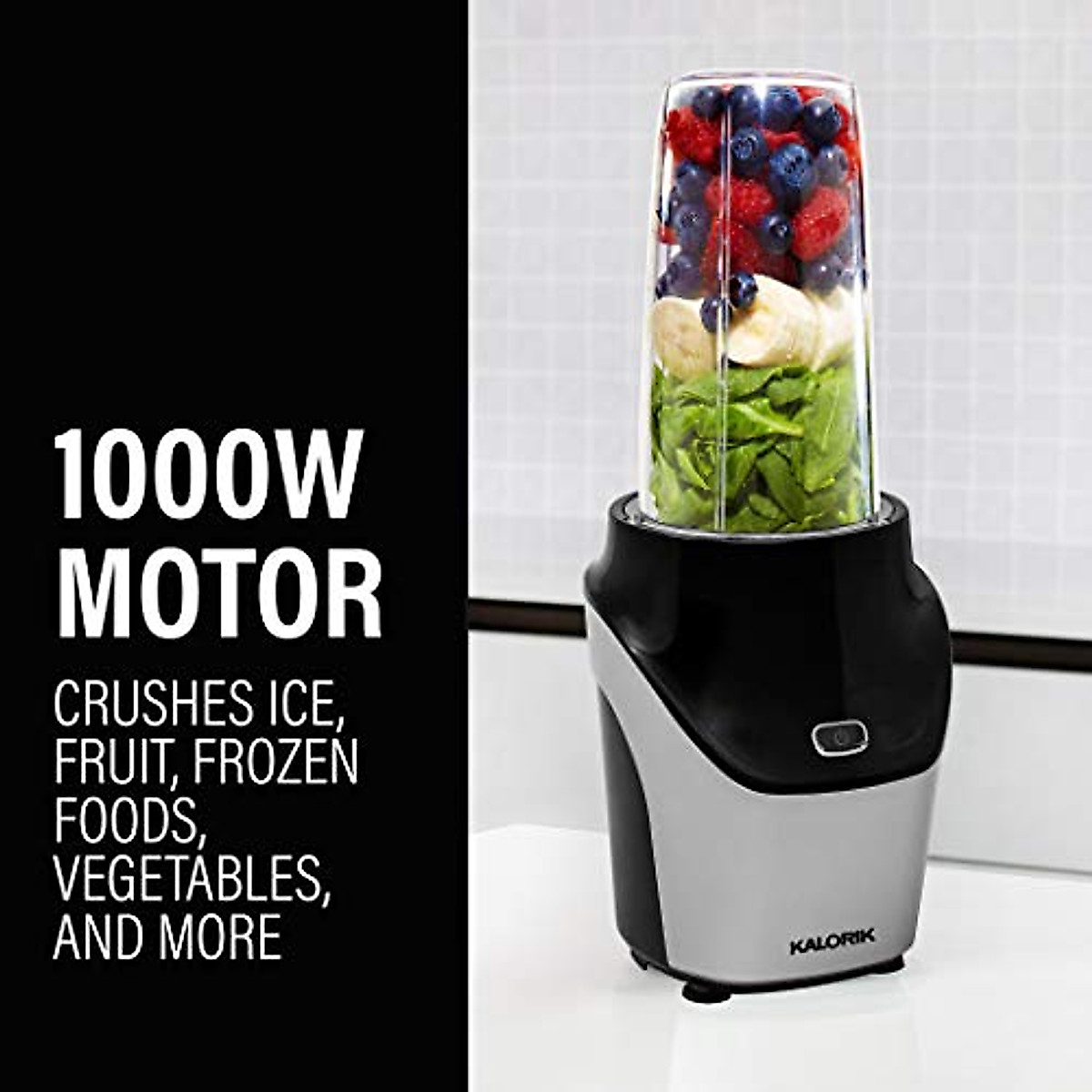 Kalorik NBL 45545 Bullet Blender Set (34 oz | 15.2 oz) High-Speed Portable Fitness Blender Set with Personal Blending Cup, Grinding Cup, Seal Lids, & To-Go Lid | 1000W | Black & Stainless Steel