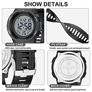 GOLDEN HOUR Mens Waterproof Digital Sport Watches Wide Screen Easy Read Display Military Style with Black Rubber Strap