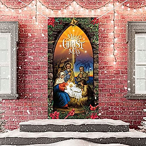 Tatuo Christmas Decoration Outdoor Christmas Religious Door Cover Holy Nativity Front Door Hanging Backdrop Christmas Photography Background for Winter Xmas House Church Party Supplies, 70 x 35 Inch