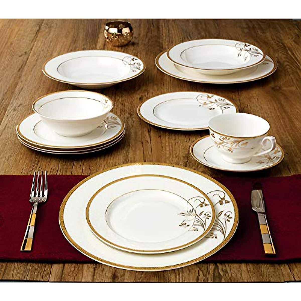 Lorren Home Trends La Luna Bone China 57-Piece 24K Gold Floral Design Dinnerware Set, Service for 8