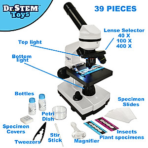 Dr. STEM Toys 39 Piece Microscope Kit for Kids with Top and Bottom Lights, Specimen Slides, 40X, 100X, and 400X Adjustable Lenses - for Kids and Schools (Ages 8+), White
