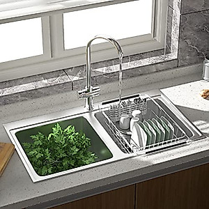 JAQ Small Dish Drying Rack in Sink Adjustable 14.96" to 20.59", Expandable 304 Stainless Steel Metal Dish Drainer Rack Organizer with Stainless Steel Utensil Holder Over Sink Counter (for 1-2 People)