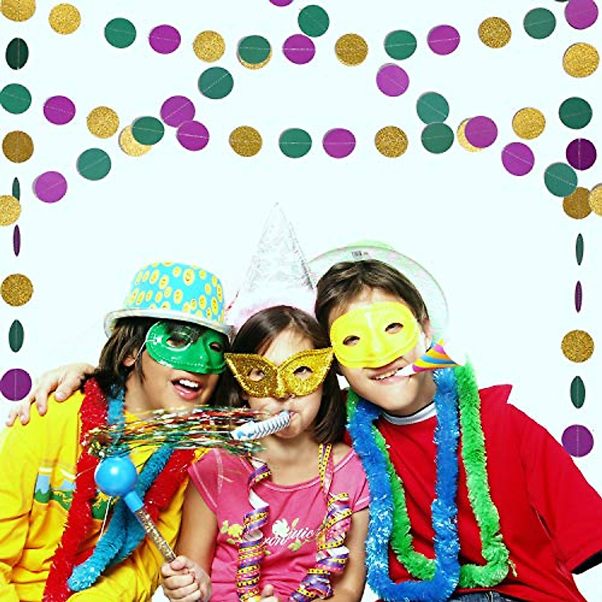 10 Pack Mardi Gras Paper Garland Glitter Circle Dot Hanging Party Garland Paper Banner Decor for Carnival Winter Xmas New Year Wedding Birthday Party Valentine Decor, 131 Feet (Gold, Purple, Green)