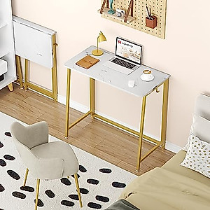 WOHOMO White Marble Folding Desk, 31.5" Small Desk for Small Spaces with Gold Legs, Easy Assemble Foldable Computer Desk, Mini Portable Working Table for Home Office, White and Gold