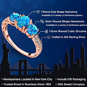 Gem Stone King 18K Rose Gold Plated Silver Oval Cabochon Blue Simulated Opal Engagement Ring For Women (1.75 Cttw, Available In Size 5, 6, 7, 8, 9)