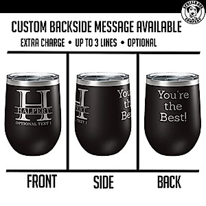 Personalized 12oz (17 Colors) Powder Coated Stainless Steel Stemless Wine Tumbler with Lid, Custom Etched, Customized Gift for Women Her, Wine Lover, Halpert Monogram Initial Name (Black)