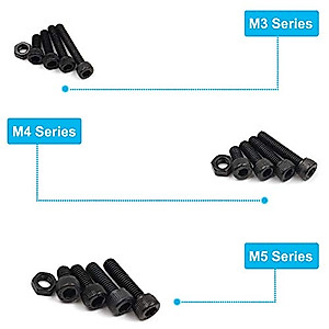Comdox 500pcs Alloy Steel Socket Cap Screws Hex Head Bolt Nuts Assortment Kit with Box, M3 M4 M5 Thread Size, Black Oxide Finish