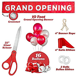 Deluxe Grand Opening Ribbon Cutting Ceremony Kit - 25" Giant Scissors with Red Satin Ribbon, Banner, Bows, Balloons & More