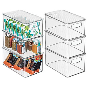 mDesign Plastic Deep Storage Bin Box Container with Lid and Built-In Handles - Organization for Fruit, Snacks, or Food in Kitchen Pantry, Cabinet, or Cupboard, Ligne Collection, 6 Pack, Clear