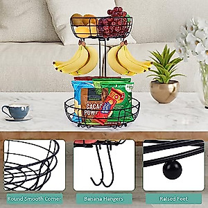 Sishynio 2-Tier Fruit Basket Bowl with 2 Banana Hangers for Kitchen Counter, Metal Wire Basket Vegetable Storage Countertop Fruits Stand Organizer, Detachable Fruit Holder for Bread, Snack, Veggies