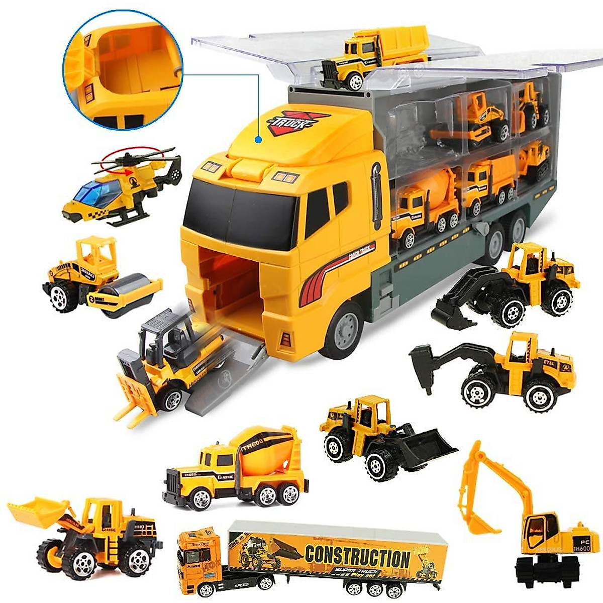 Coolplay 11 in 1 Construction Cars and Trucks Toy for Boys Yellow Truck Carrier Toy Set Little Die-cast Vehicles Mini Excavator Backhoe Mixer Dump Truck Cars for Kids Ages 3-8