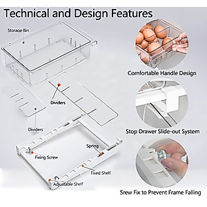 Cezoyx 2 Pack Fridge Drawer Organizer - Pull Out Refrigerator Organizer Bins with 2 Dividers, Fridge Shelf Holder Storage Box for Fruit, Vegetable, Food and Drinks, Fit for Fridge Shelf Under 0.6"