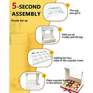 katbite Cupcake Boxes, 15-Set Cupcake Containers 12 Count, Food Grade Kraft Thick Cupcake Carrier Boxes with 2 Color Gift Ribbons, Twine, Cards and Inserts to Hold Cupcakes, Pastries and Cookies