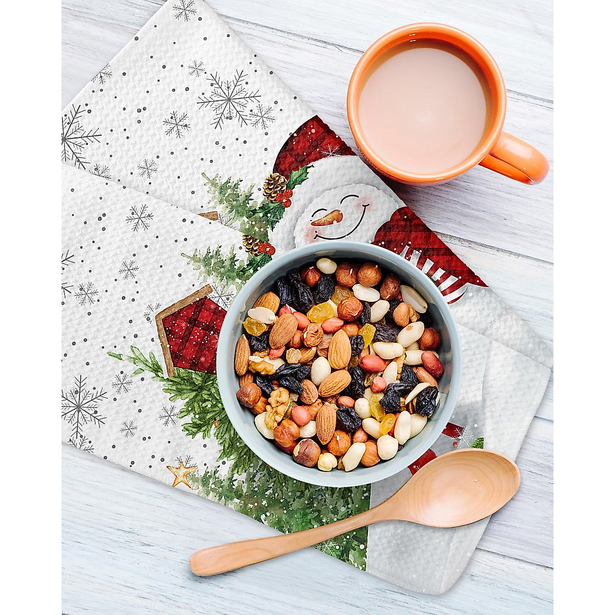 Hokiten Christmas Snowman Waffle Kitchen Towels Dishcloths, Green Xmas Tree Winter Snowflake Absorbent Dish Towels | Hand Towels for Bathroom/Bar, 12 x 12 Inch, 2 Pcs