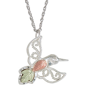 Black Hills Gold Sterling Silver Granulated Bead Hummingbird Pendant Necklace for Women Adorned with 12k Green and Rose Gold Leaf Accents, Ideal Present for Various Occasions, Gift Box Included