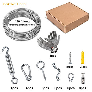 BraKaTi String Lights Hanging Kit with 120FT Coated 304 Stainless Steel Cable,String Light Suspension Kit,Guide Wire Included Turnbuckles and Hooks for Patio,Garden,Outdoor Lights, Silver (BZ0004-4)