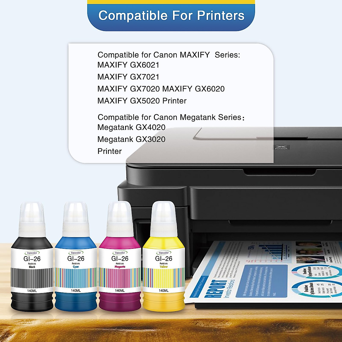 Topcolor GI-26 GI26 GX7021 Ink Refill Bottles Compatible for Canon 26 GI-26 GI26 Ink Bottles, Compatible for Canon MAXIFY GX6021 GX7021 GX7020 GX6020 GX4020 GX5020 GX3020 Megatank Printer Black Color