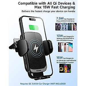 ZOOAUX Wireless Car Charger Vent Mount, 15W Fast Charging Auto-Clamping Car Mount, Air Vent Car Phone Holder for iPhone 13/13 mini/12/11/XS/XR/X/8,Samsung S22/S21/S20/S10/S9 Note 10(Grey)