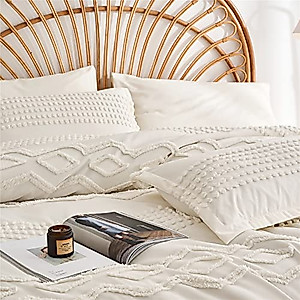 KAKIJUMN White Tufted Comforter Set King Size 7 Piece Bed in a Bag, Shabby Chic Boho Comforter and Sheet Set, Pom Pom Textured Bed Set, All Season Soft Microfiber Complete Bedding Set(White,King)