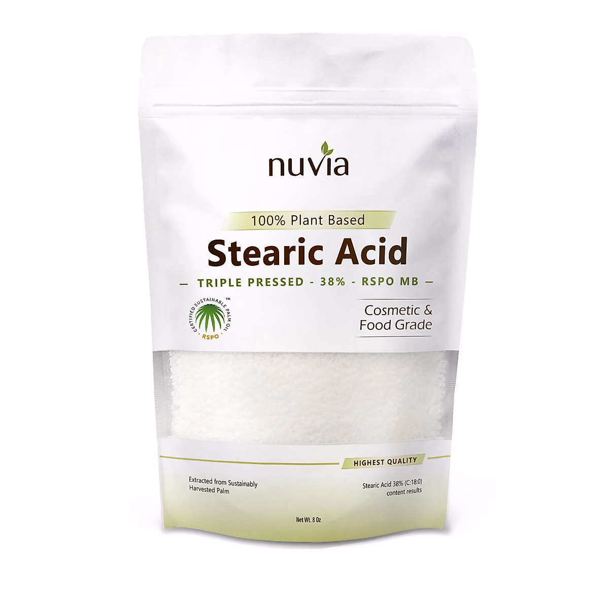 Nuvia Organics Stearic Acid - 100% Plant Based, Food Grade, Triple Pressed, Certified Sustainable 8oz
