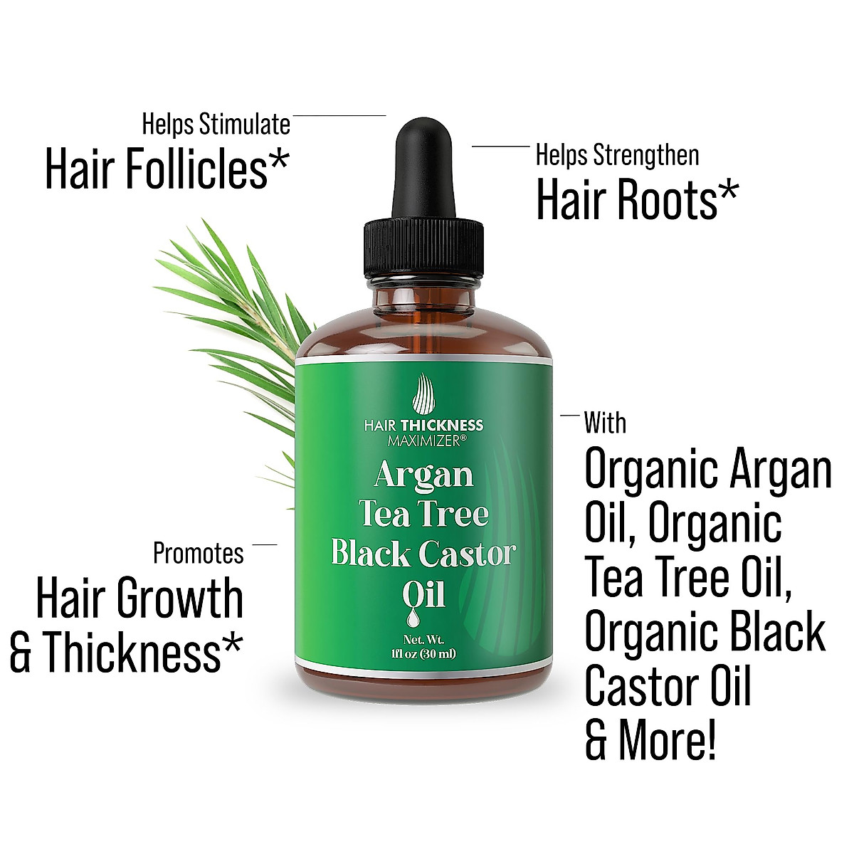 Argan + Tea Tree Oil + Black Castor Oil For Hair Growth. Vegan Thickening, Moisturizing, Strengthening Stay In Conditioner Oil For Women, Men. A Scalp Serum Treatment For Weak, Frizzy, Dry Hair 1oz