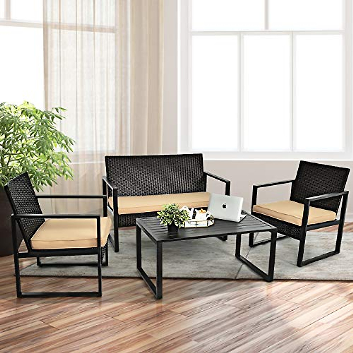 Tangkula 4-Piece Patio Rattan Furniture Set, Outdoor Conversation Set w/Seat Cushions & Coffee Table, Sturdy Metal Frame, Sectional Wicker Sofa Set for Garden, Backyard, Poolside (1, Light Brown)