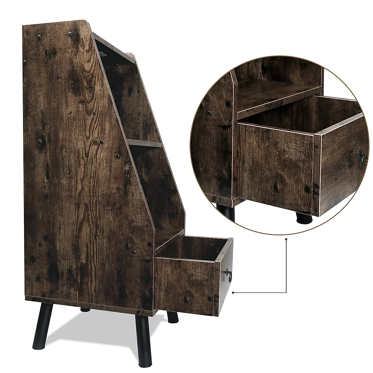 LAVIEVERT 3-Tier End Side Table Nightstand with Drawer, Bookcase Bed Side Table Storage Cabinet for Bedroom, Living Room Home & Office - Rustic Brown