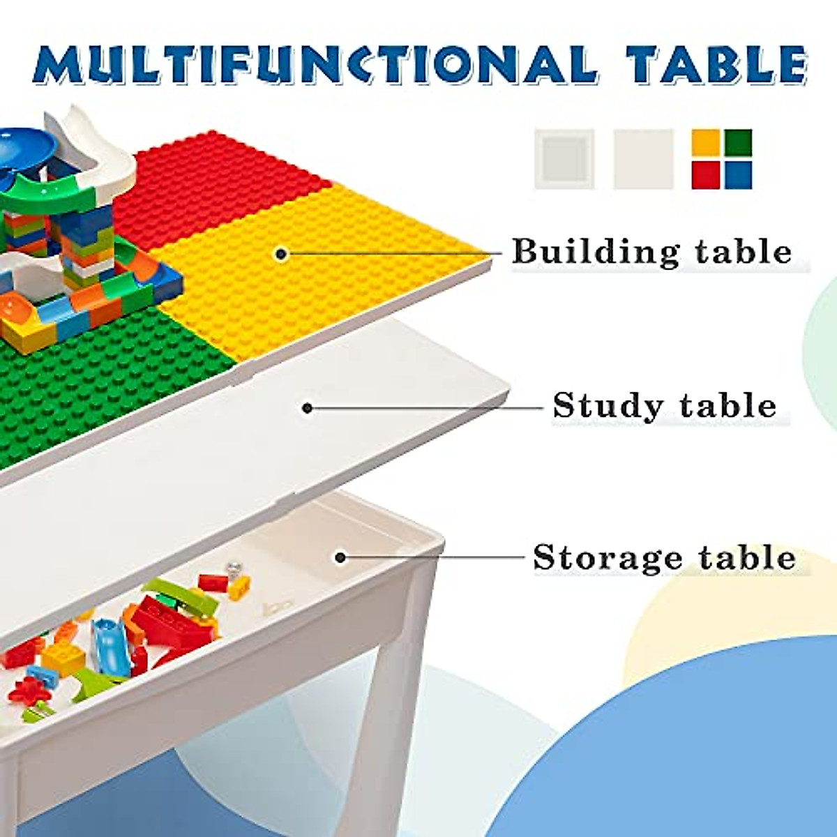 Sandinrayli 7-in-1 Kid Activity Table Set w/2 Chairs & 72Pcs Large Size Blocks, Compatible with Classic Blocks, Water/Sand Table, Building Block Table for Toddler (Primary)