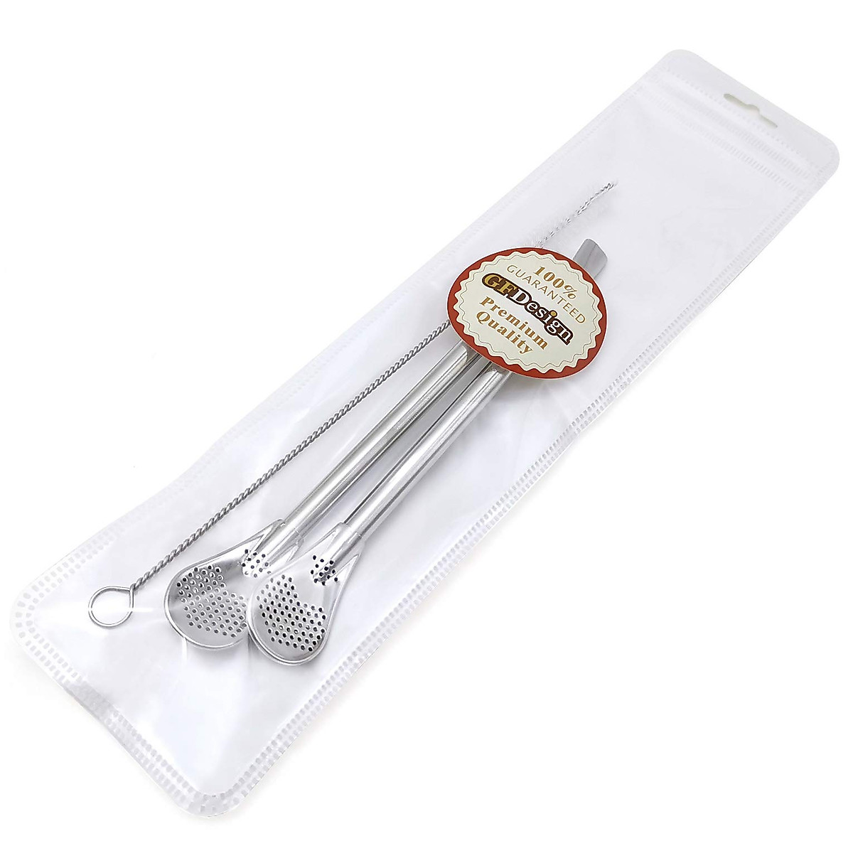 GFDesign Yerba Mate Bombilla Gourd Drinking Filter Straws 304 Food-Grade 18/8 Stainless Steel - Set of 2 with Cleaning Brush - 6" Long