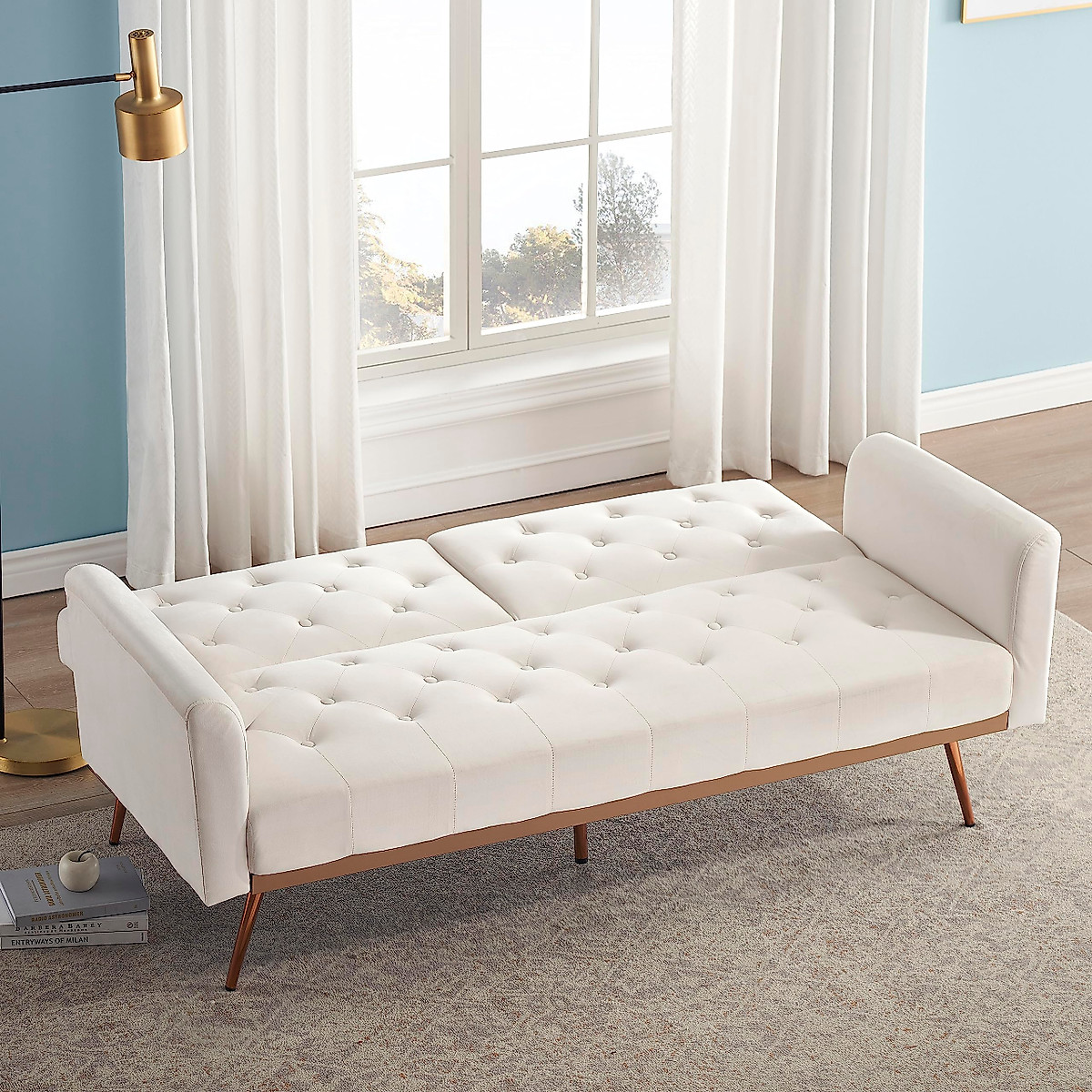 NoeBanJe Mid Century Modern Velvet LoveSeat Couches, Convertible Futon Sofa Bed with Metal Legs and Pillows, Adjustable Sleeper Sofa for Small Spaces, Bedroom Living Room (Beige)