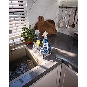 Consumest Sink Caddy, 5-in-1 Sponge Holder Kitchen Sink Caddy Organizer with Removable Drain Tray for Countertop, 304 Stainless Steel Soap Sponge and Dish Brush Holder - Silver (8.43×4.49×4.49 inches)