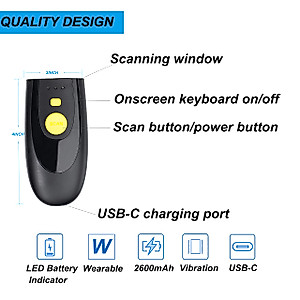 TEEMI Bluetooth Barcode Scanner with Charging Dock Data Receiver, Mini Bar Code Scanner with Neck Wrist Lanyard Included Handheld 2D QR Bar Code Reader for Tablet iPhone iPad Android iOS (Black)