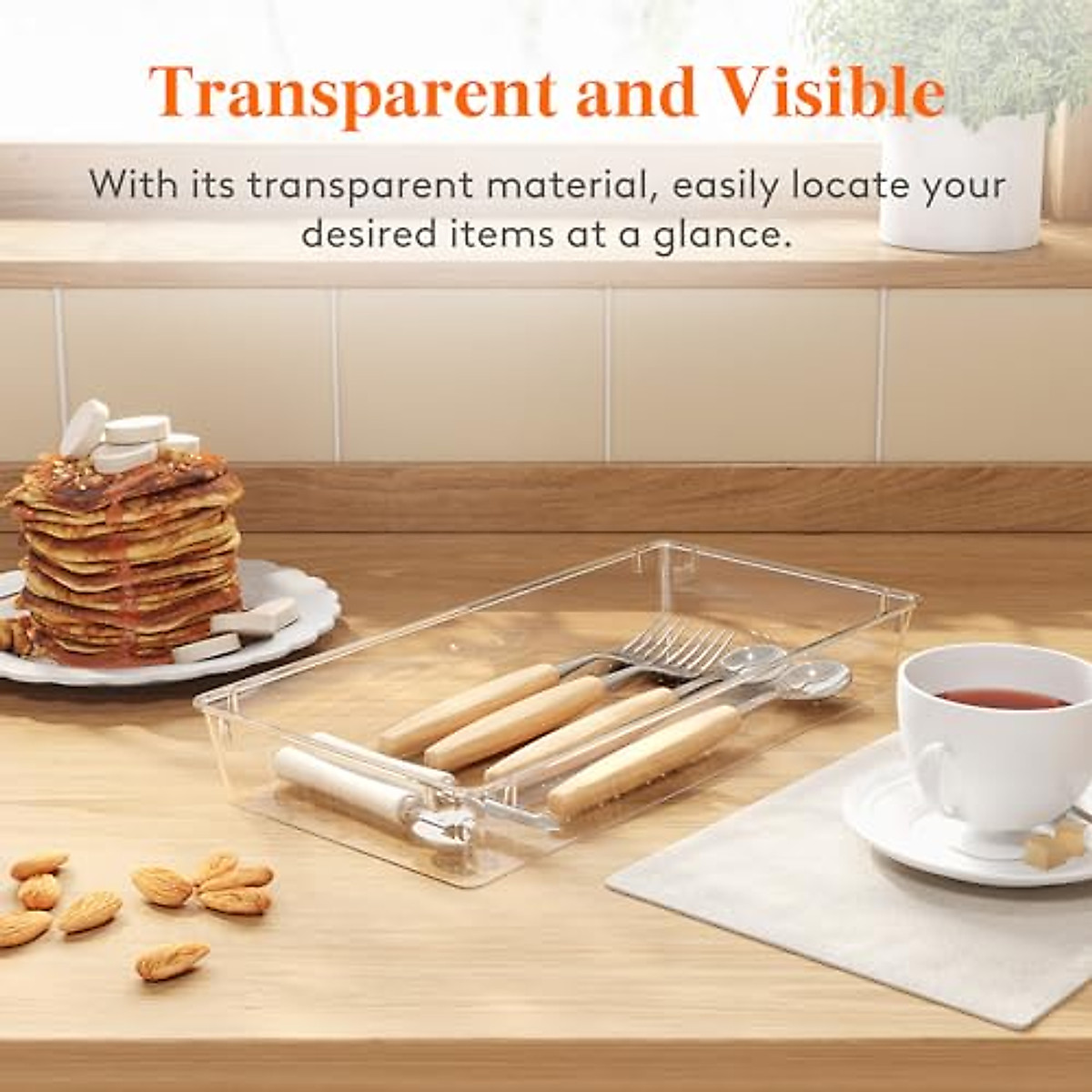 Lifewit Silverware Drawer Organizer, 5.75" x 11.65" Clear Utensil Tray for Kitchen Drawer, Stackable Plastic Flatware and Cutlery Storage Box Divider for Spoons Forks Knives Tools, 4 Pack