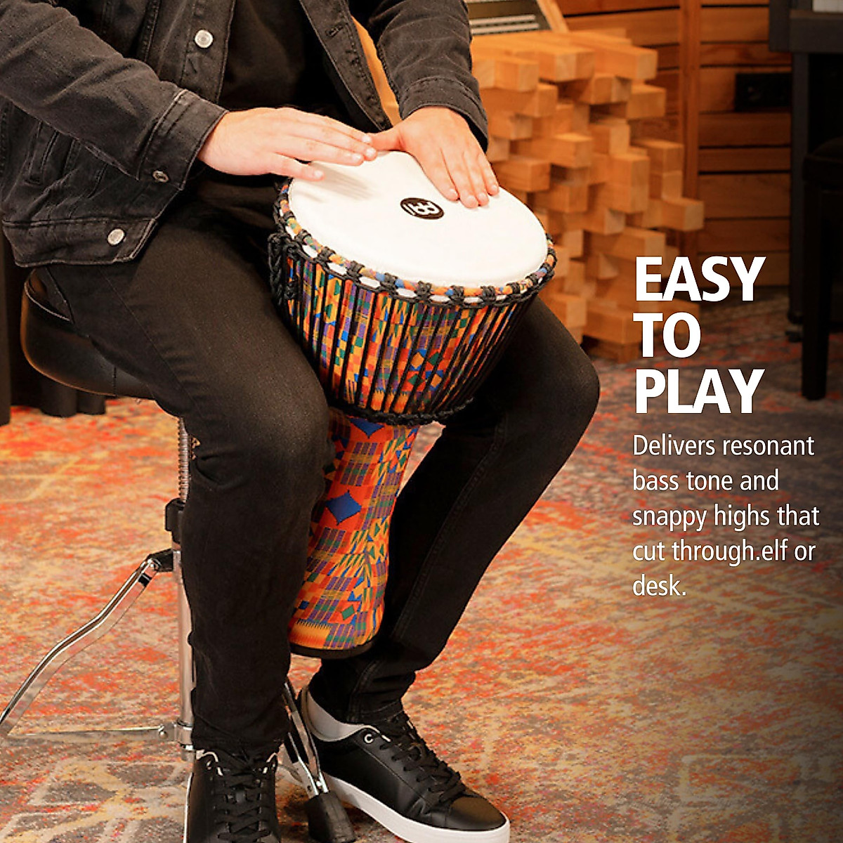 Meinl Percussion Travel Djembe Hand Drum Circle Instrument, Synthetic Shell and Head — NOT MADE in CHINA — African Mali Weave Rope Tuning, 2-YEAR WARRANTY, Kenyan Quilt, Medium (PADJ2-M-F)